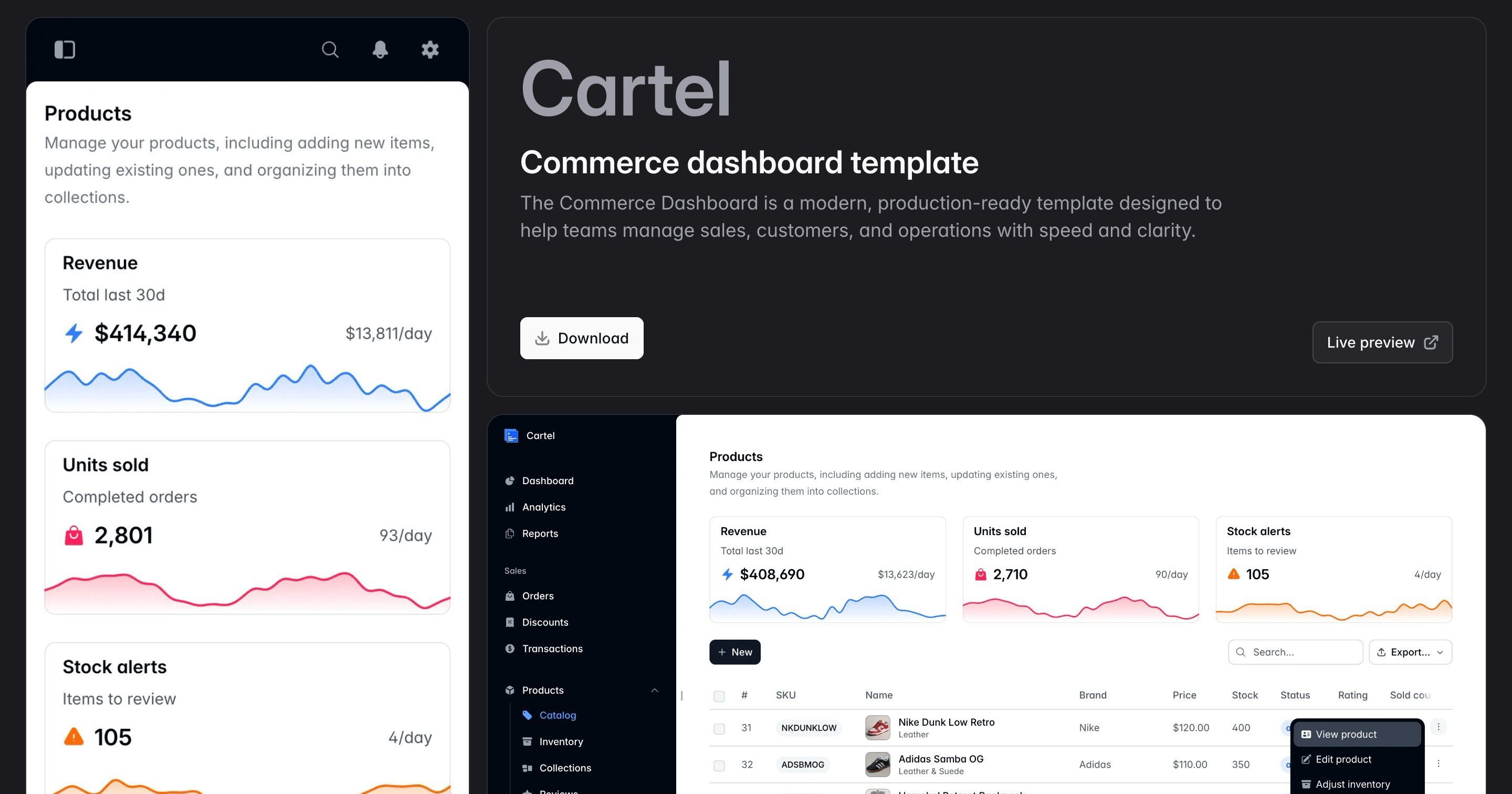 Commerce dashboard template / Design