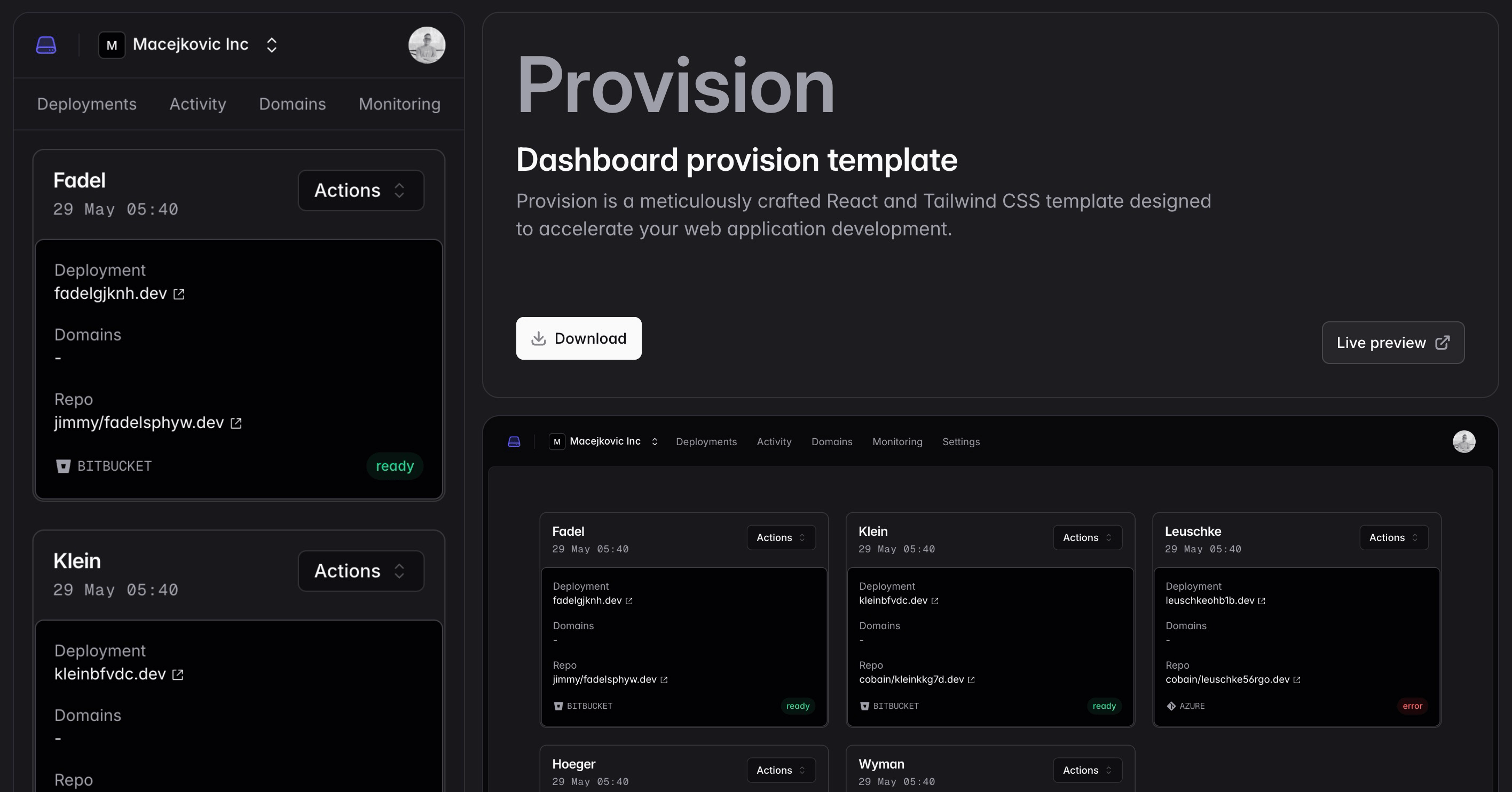 Provision dashboard template / Design